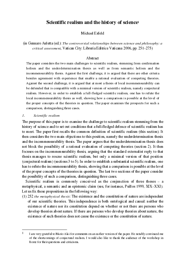 (PDF) Scientific realism and the history of science 1