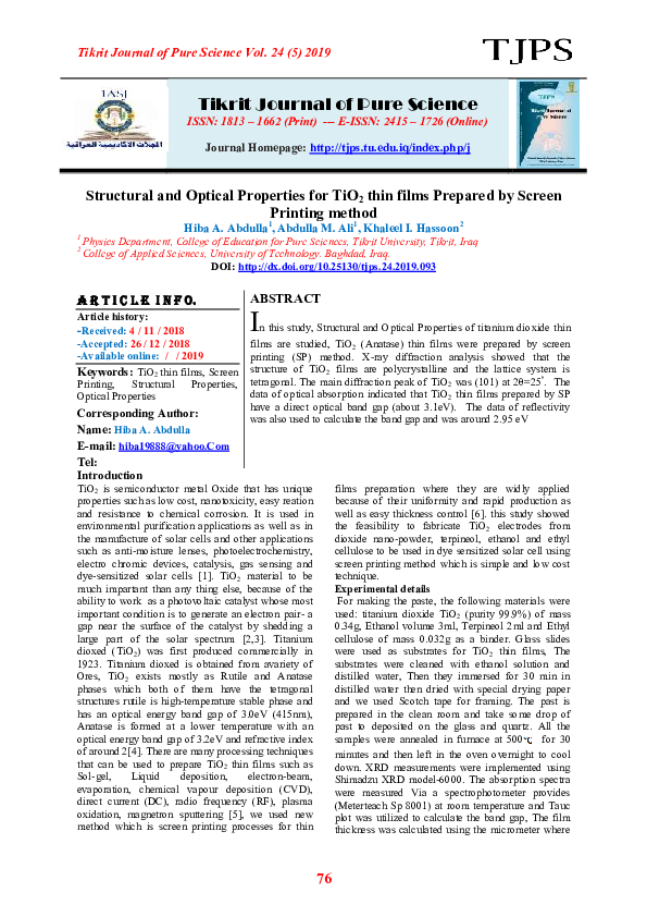Pdf Structural And Optical Properties For Tio2 Thin Films Prepared By Screen Printing Method