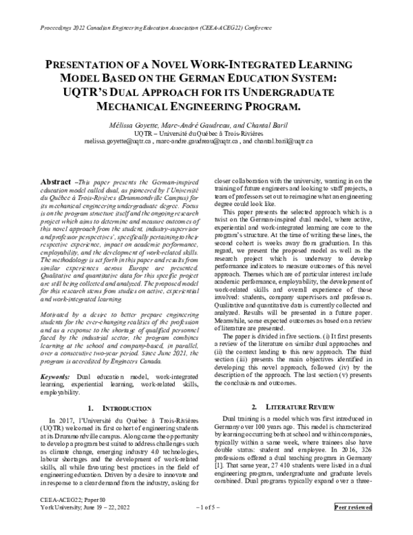 (PDF) Novel Work-Integrated Learning Model Based on the German Education System: UQTR’s Dual ...
