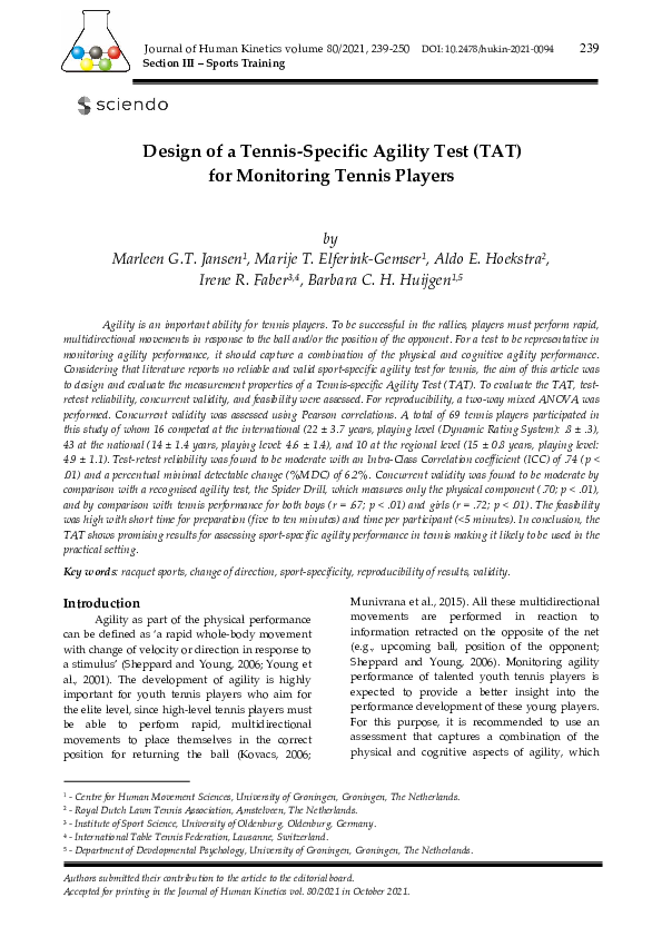 (PDF) Design of a Tennis-Specific Agility Test (TAT) for Monitoring ...