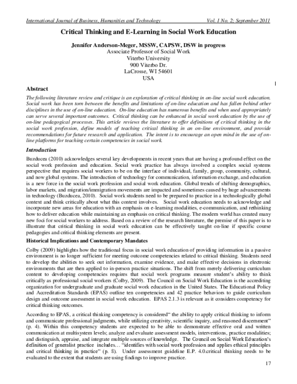 (PDF) Critical Thinking and E-Learning in Social Work Education