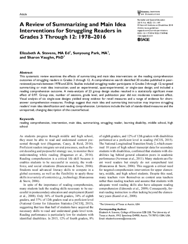 (PDF) A Review of Summarizing and Main Idea Interventions for ...