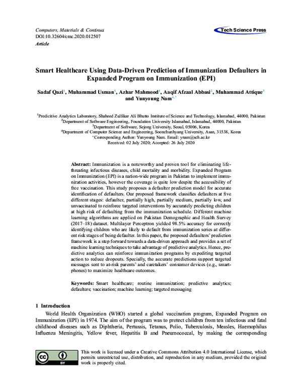 (PDF) Smart Healthcare Using Data-Driven Prediction of Immunization Defaulters in Expanded ...