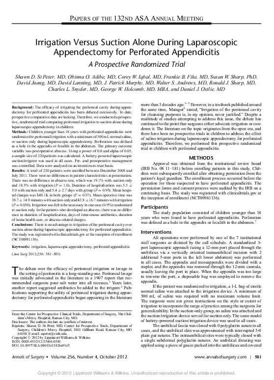 (PDF) Irrigation Versus Suction Alone During Laparoscopic Appendectomy ...