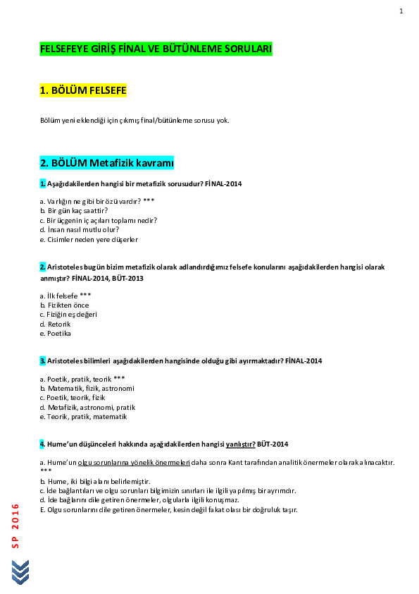 (PDF) Felsefeye Giriş FİNAL ve BÜTÜNLEME SORULARI