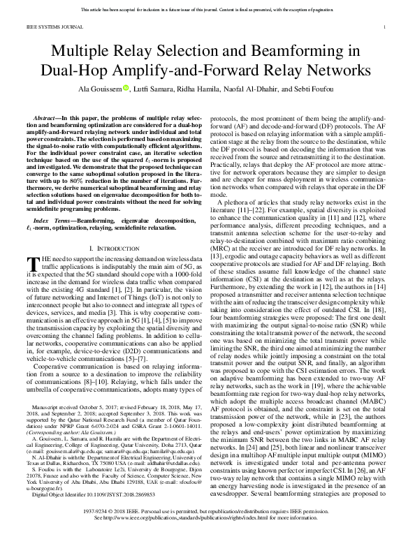 Pdf Multiple Relay Selection And Beamforming In Dual Hop Amplify And Forward Relay Networks
