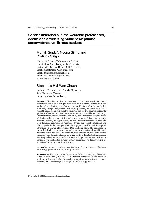 (PDF) Gender differences in the wearable preferences, device and advertising value perceptions ...