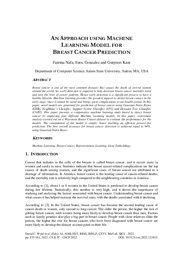 Pdf An Approach Using Machine Learning Model For Breast Cancer Prediction