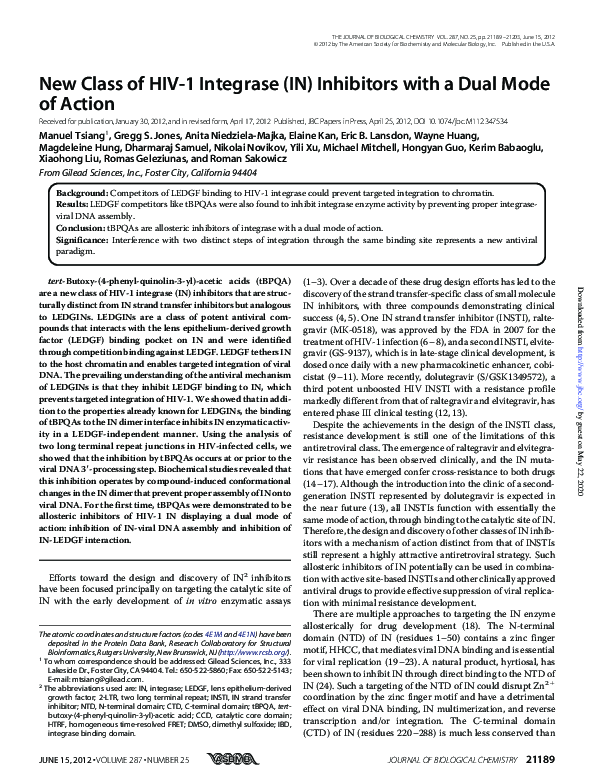(PDF) New Class of HIV-1 Integrase (IN) Inhibitors with a Dual Mode of ...
