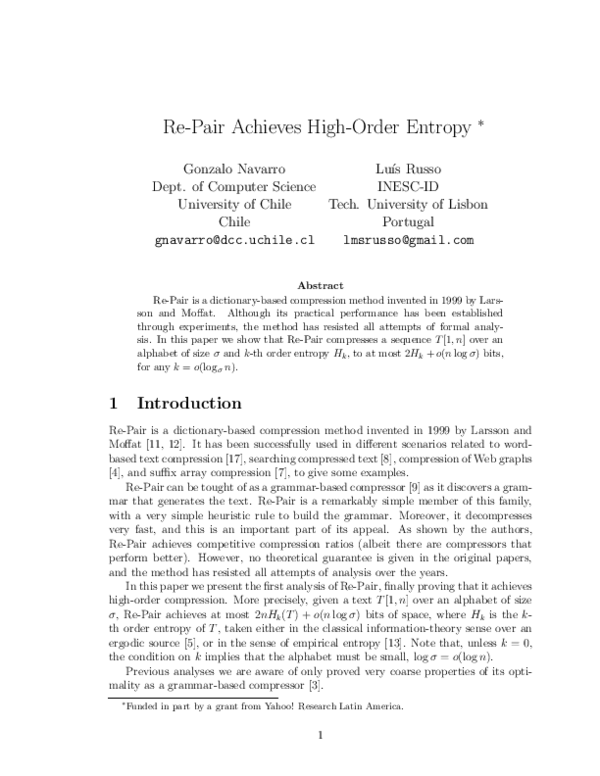 (PDF) Re-pair Achieves High-Order Entropy