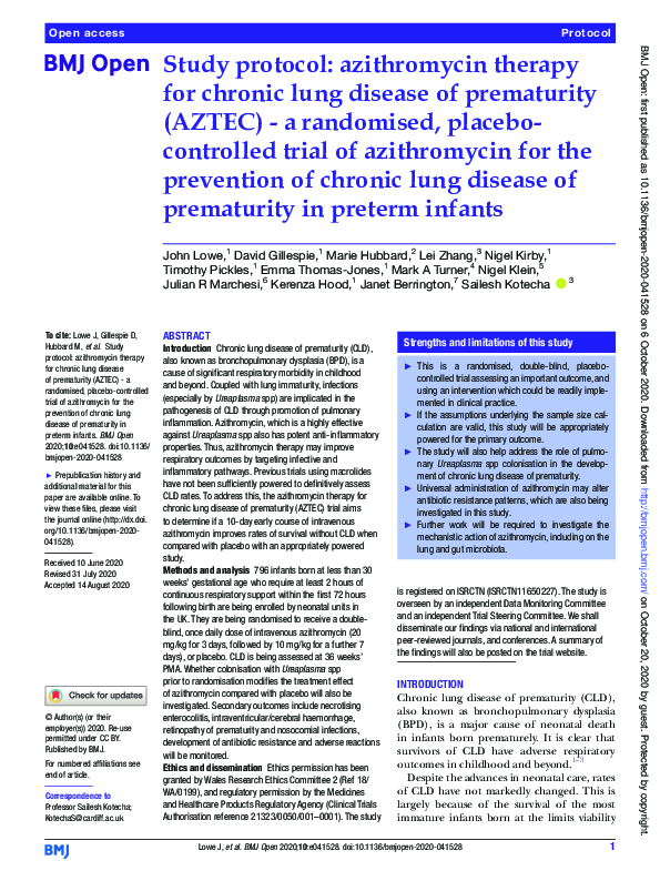(PDF) Study protocol: azithromycin therapy for chronic lung disease of ...