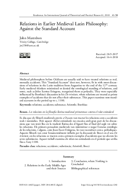 (PDF) Les relacions en la filosofia llatina medieval primerenca: contra el relat estàndard