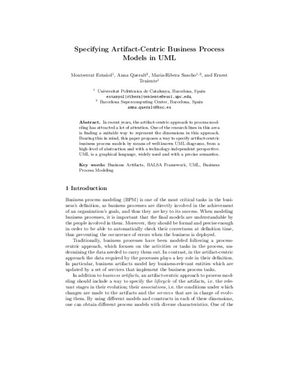 (PDF) Specifying Artifact-Centric Business Process Models in UML