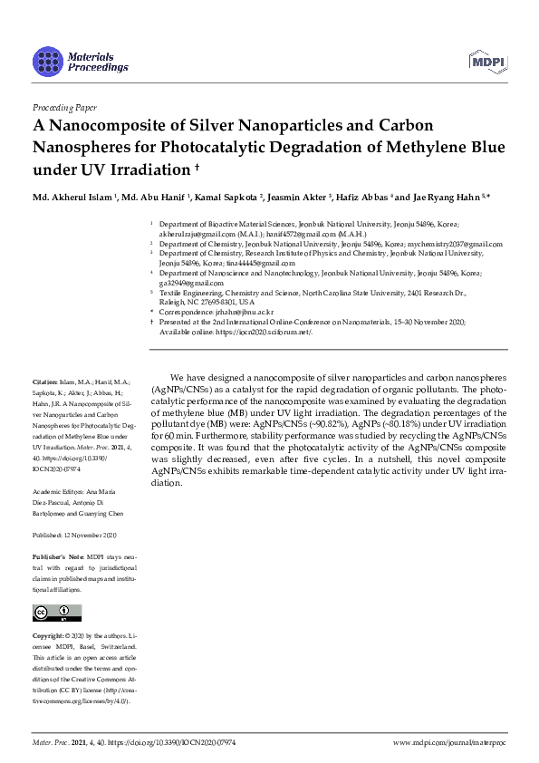 (PDF) A Nanocomposite of Silver Nanoparticles and Carbon Nanospheres for Photocatalytic ...