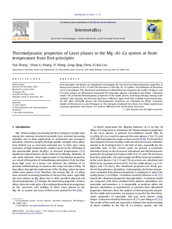 (PDF) Thermodynamic properties of Laves phases in the Mg–Al–Ca system at finite temperature from ...