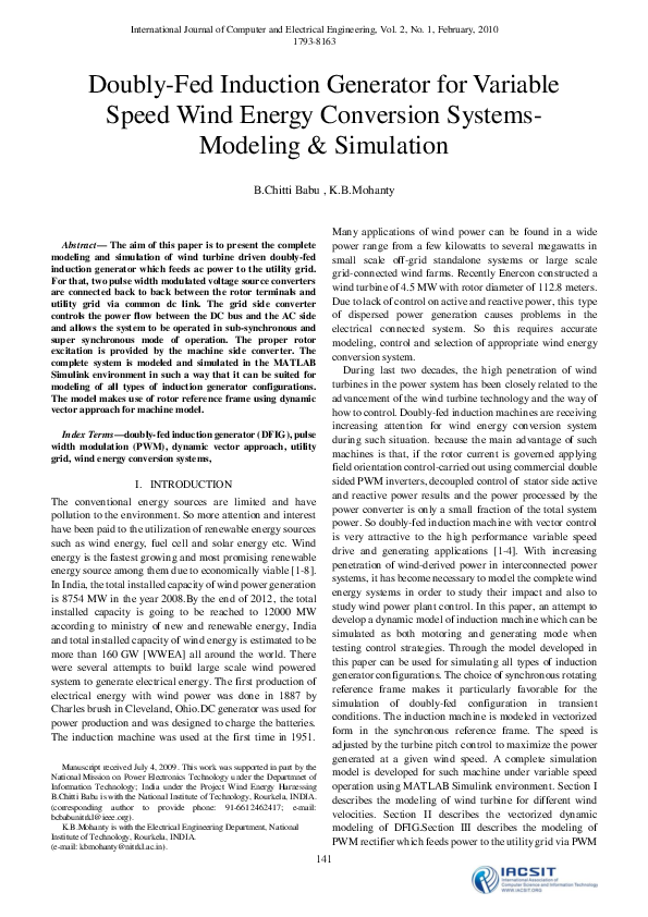 (PDF) Doubly-Fed Induction Generator for Variable Speed Wind Energy Conversion Systems- Modeling ...