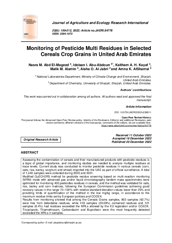 Pdf Monitoring Of Pesticide Multi Residues In Selected Cereals Crop Grains In United Arab Emirates