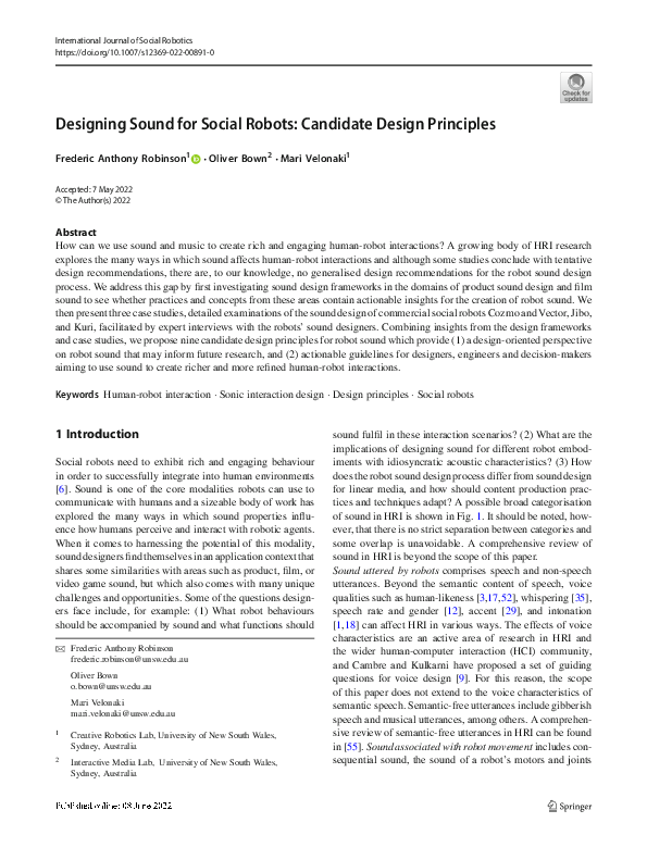 (PDF) Designing Sound for Social Robots: Candidate Design Principles