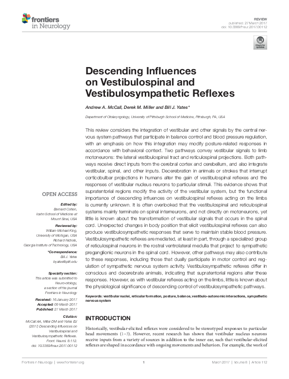 (PDF) Descending Influences on Vestibulospinal and Vestibulosympathetic ...