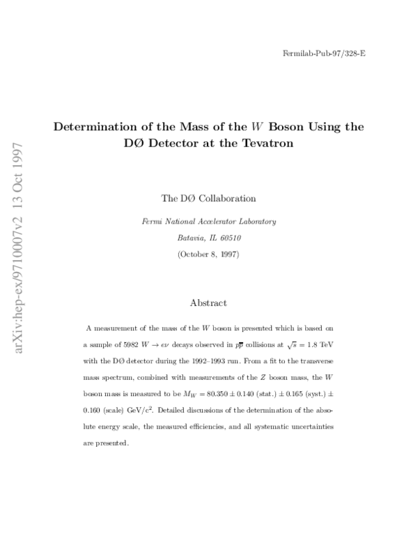 (PDF) Determination of the mass of theWboson using the D∅ detector at ...