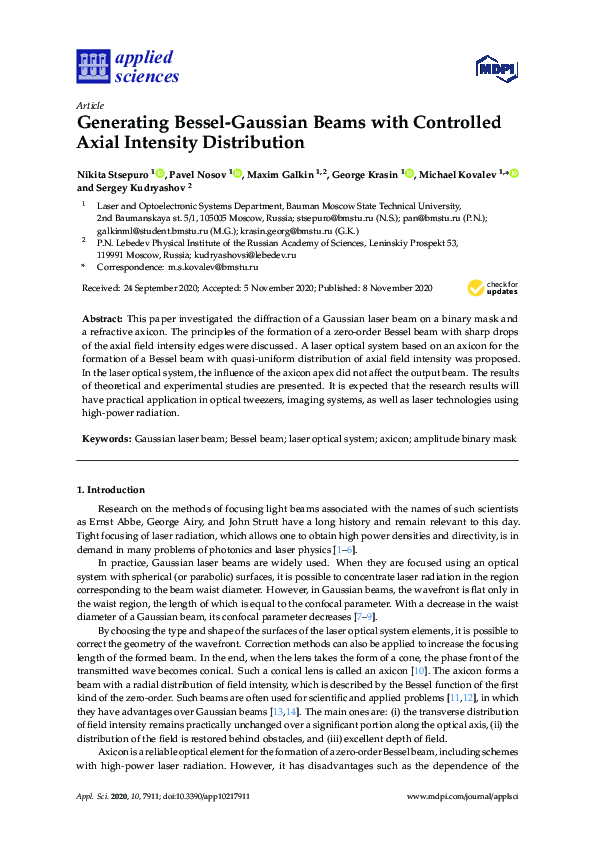 (PDF) Generating Bessel-Gaussian Beams with Controlled Axial Intensity Distribution