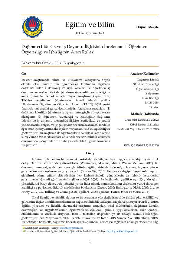 (PDF) 1 Examining the Relationship of Distributed Leadership and Job Satisfaction: On the ...