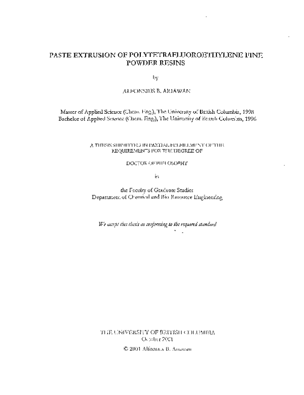 Pdf Paste Extrusion Of Polytetrafluoroethylene Ptfe Fine Powder Resins