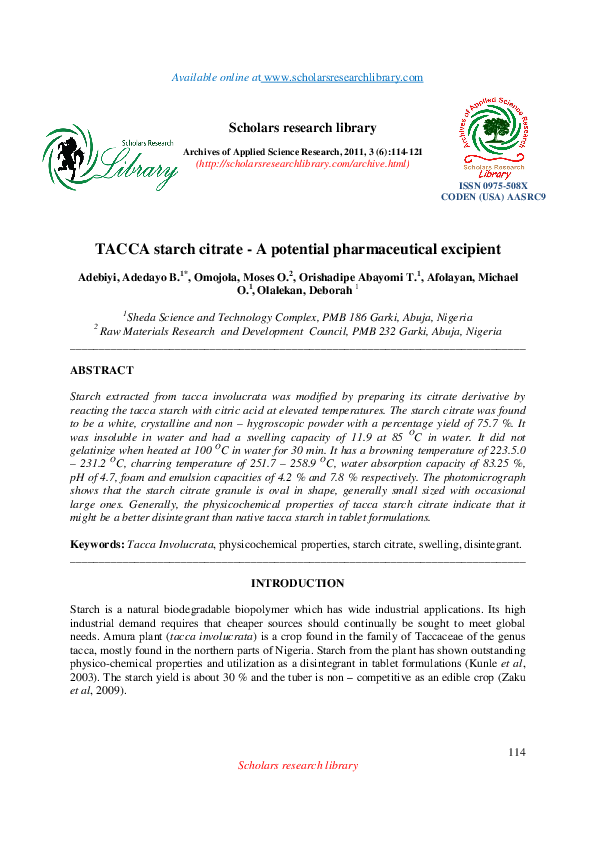 (PDF) TACCA starch citrate - A potential pharmaceutical excipient