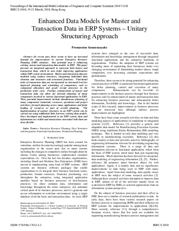 (PDF) Enhanced Data Models for Master and Transaction Data in ERP Systems - Unitary Structuring ...