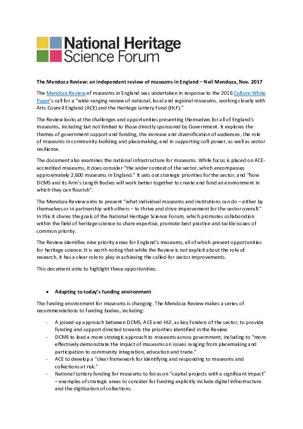 (PDF) Briefing note: Heritage Science and the Mendoza Review