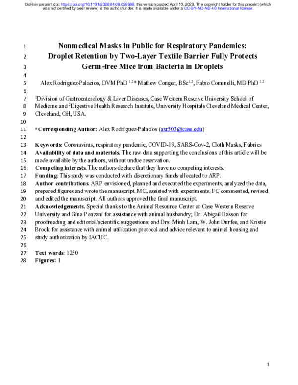 (PDF) Nonmedical Masks in Public for Respiratory Pandemics: Droplet ...