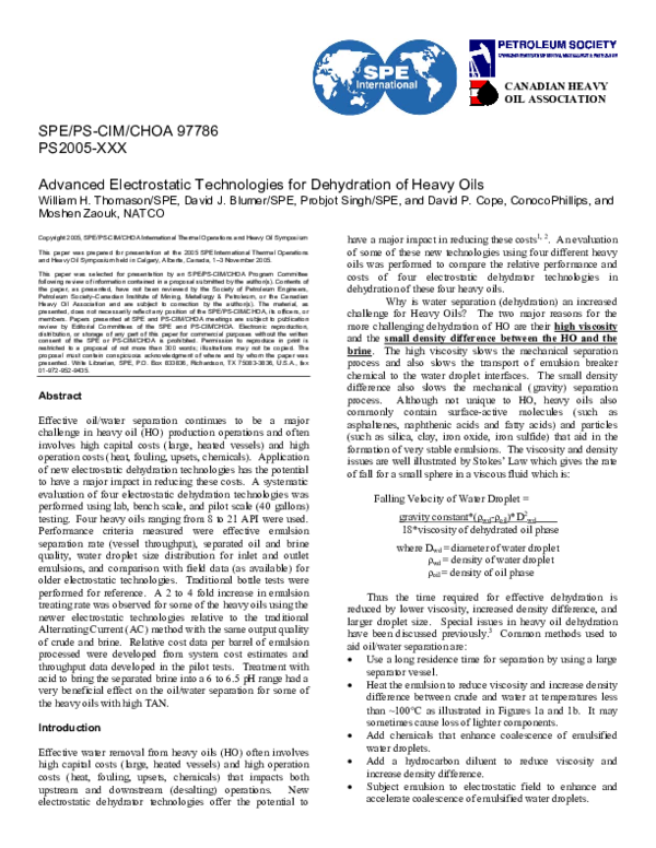 (PDF) Advanced Electrostatic Technologies for Dehydration of Heavy Oils
