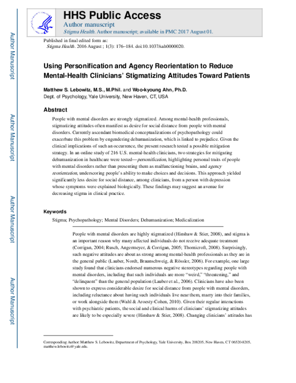 (PDF) Using Personification and Agency Reorientation to Reduce Mental ...