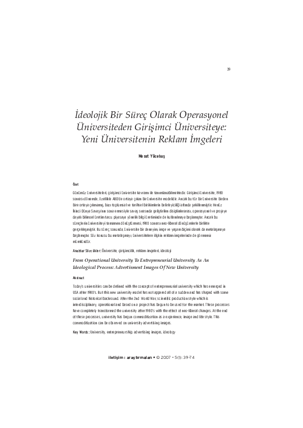 (PDF) İdeolojik Bir Süreç Olarak Operasyonel Üniversiteden Girişimci ...