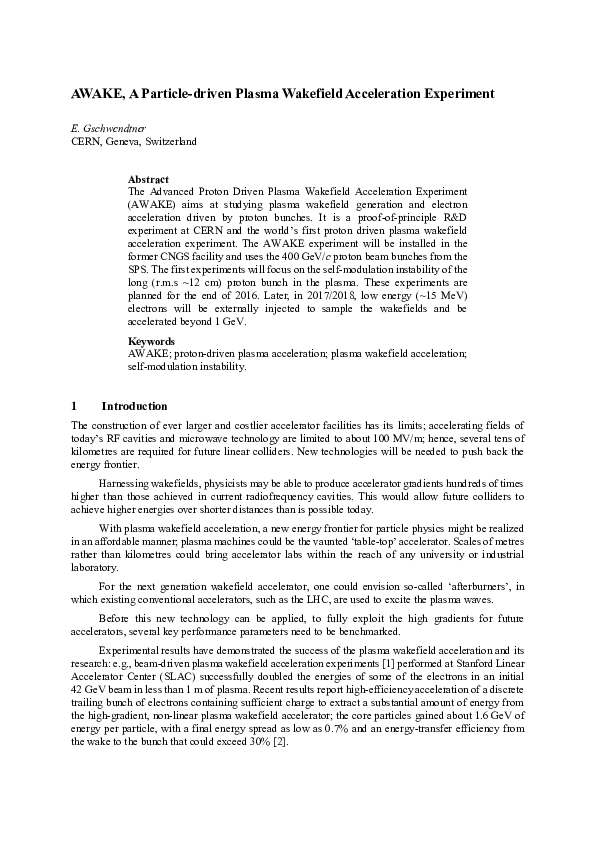 (PDF) AWAKE, A Particle-driven Plasma Wakefield Acceleration Experiment