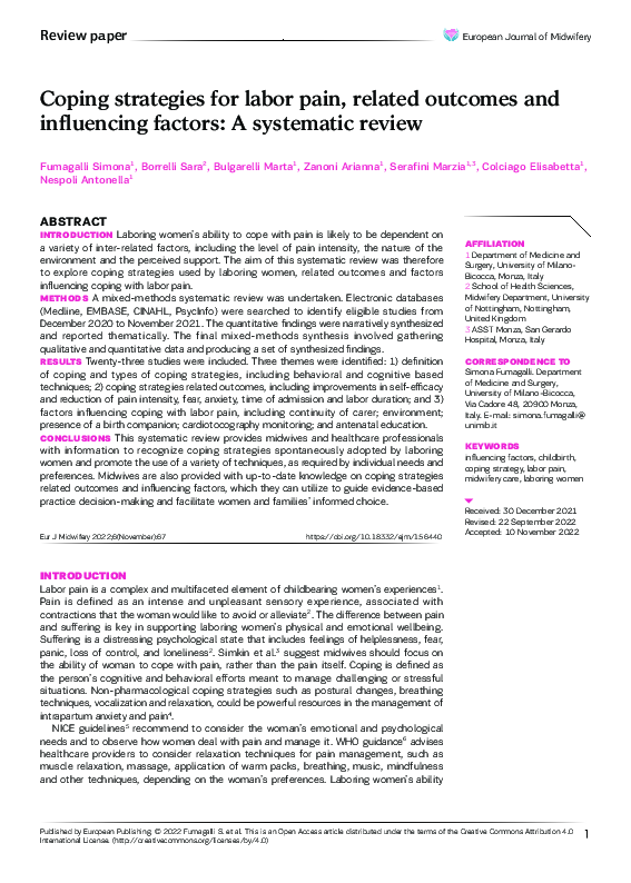 (PDF) Coping strategies for labor pain, related outcomes and ...
