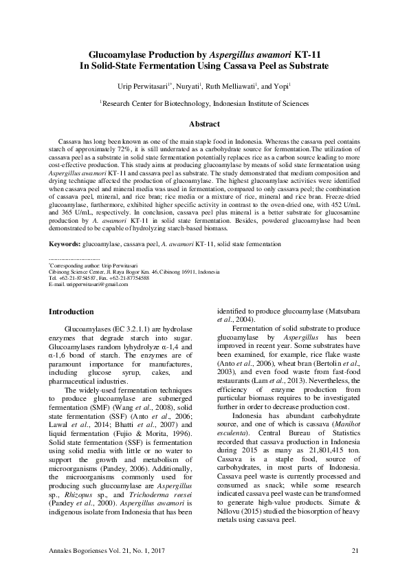 (PDF) Glucoamylase Production by Aspergillus awamori KT-11 In Solid State Fermentation Using ...