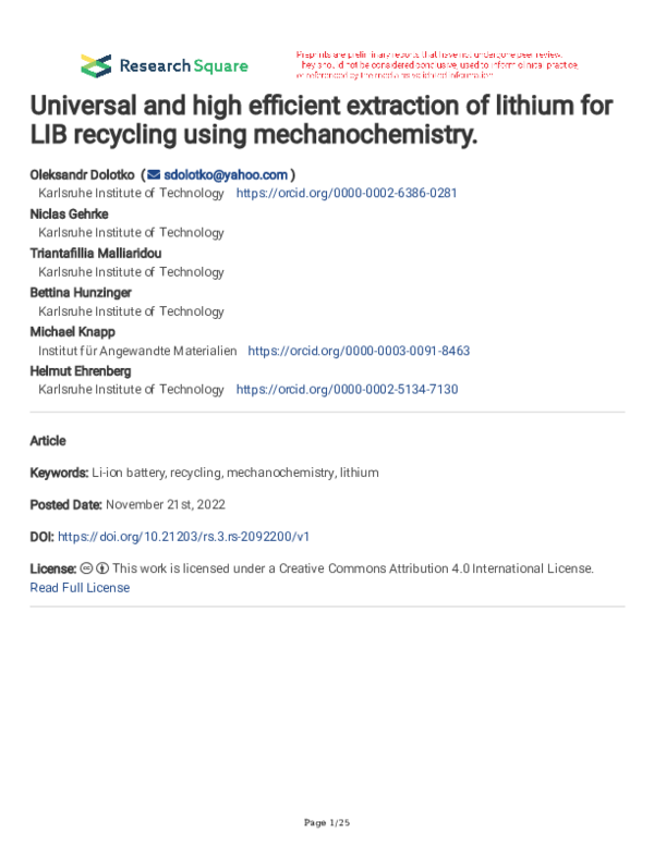 (PDF) Universal and high efficient extraction of lithium for LIB ...