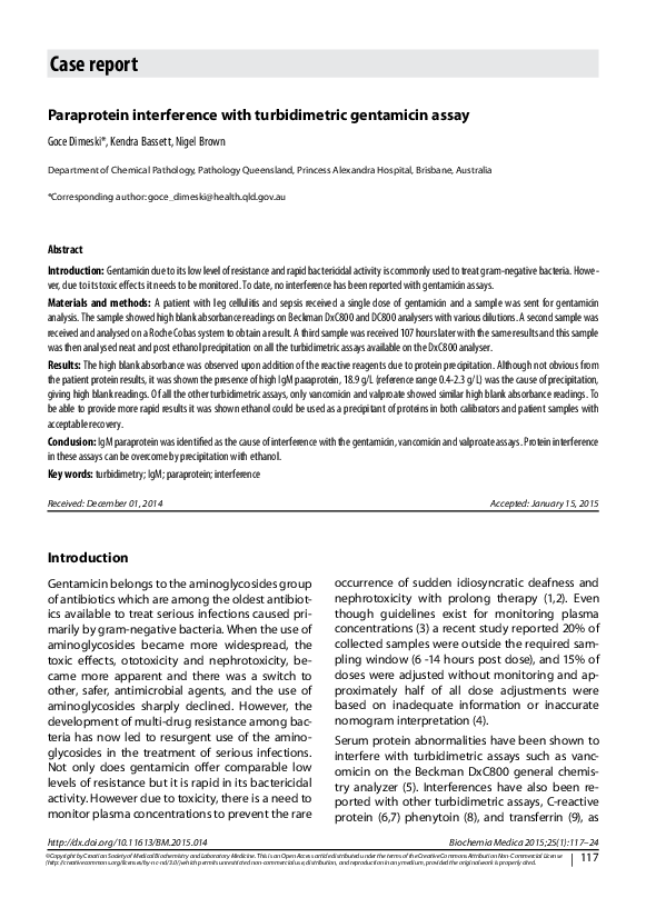 (PDF) Paraprotein interference with turbidimetric gentamicin assay