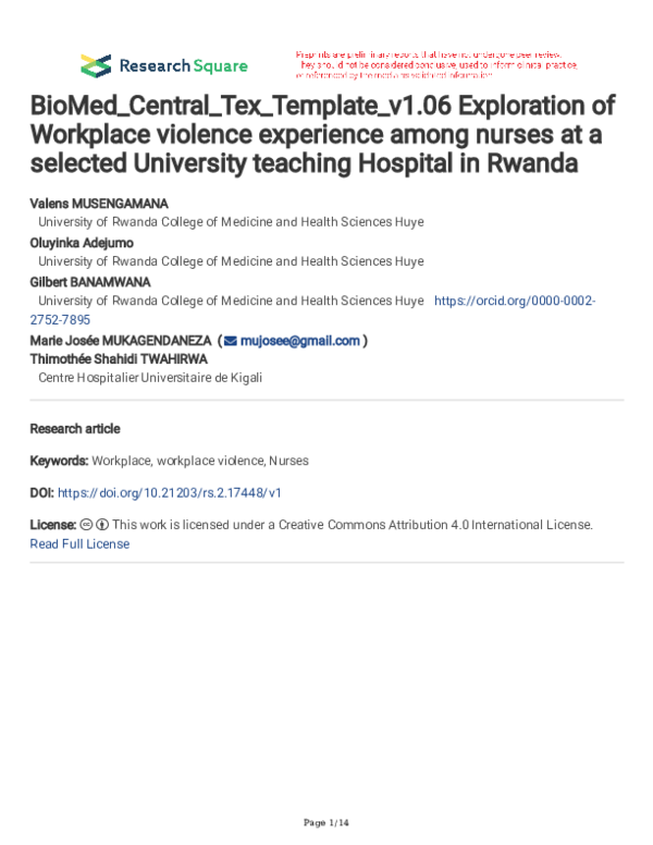 (PDF) Workplace Violence Experiences Among Rwandan Nurses