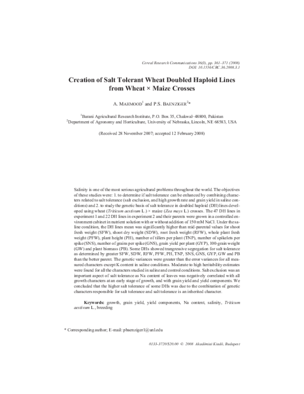(PDF) Creation of salt tolerant wheat doubled haploid lines from wheat ...