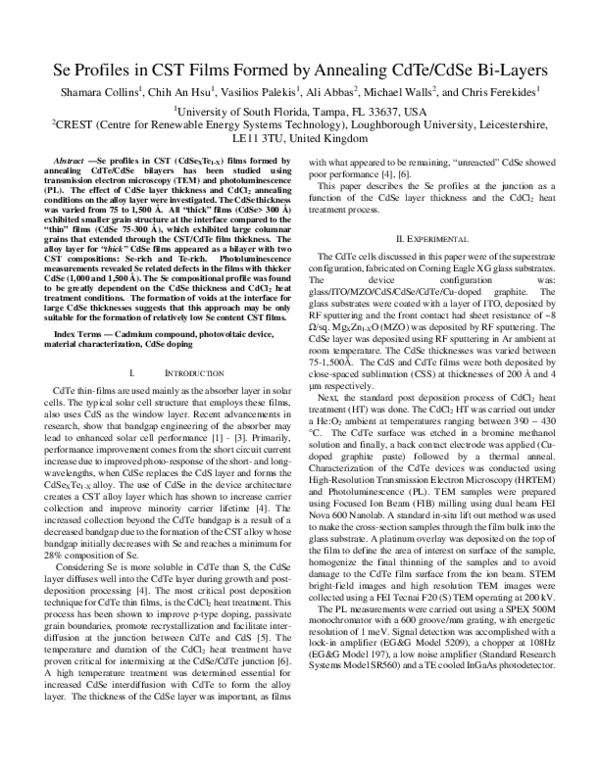 (PDF) Se Profiles in CST Films Formed by Annealing CdTe/CdSe Bi-Layers