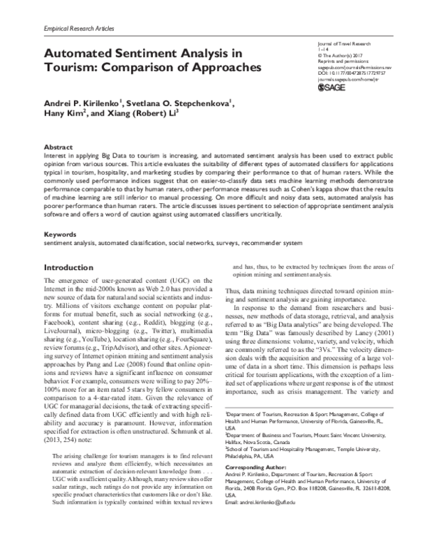 (PDF) Automated Sentiment Analysis in Tourism: Comparison of Approaches