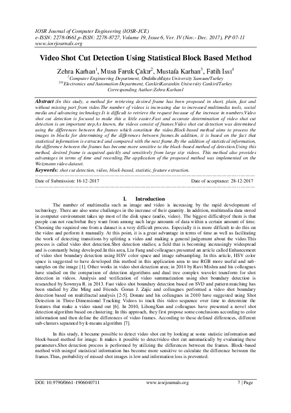 (PDF) Video Shot Cut Detection Using Statistical Block Based Method