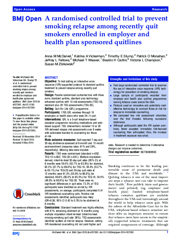 (PDF) A randomised controlled trial to prevent smoking relapse among recently quit smokers ...