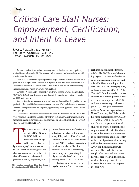 (PDF) Critical Care Staff Nurses: Empowerment, Certification, and ...