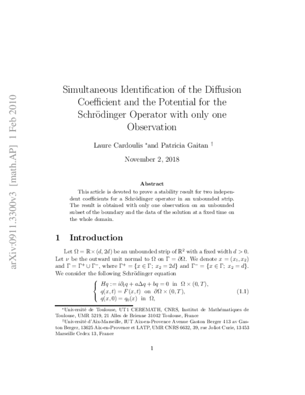(PDF) Simultaneous identification of the diffusion coefficient and the potential for the ...