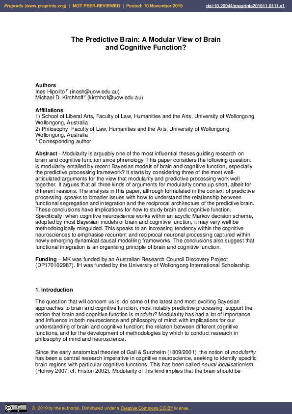 (PDF) The Predictive Brain: A Modular View of Brain and Cognitive Function?