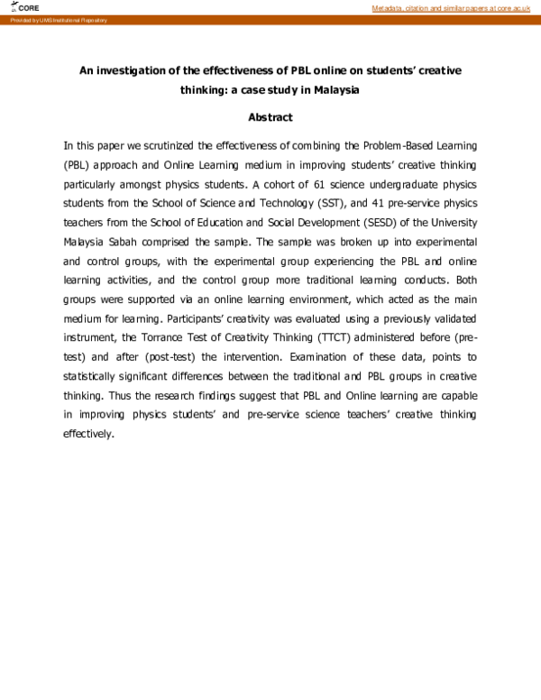 (PDF) An Investigation of the Effectiveness of PBL Online on Students’ Creative Thinking: A Case ...
