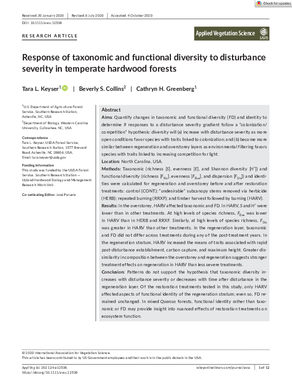 (PDF) Response of taxonomic and functional diversity to disturbance ...